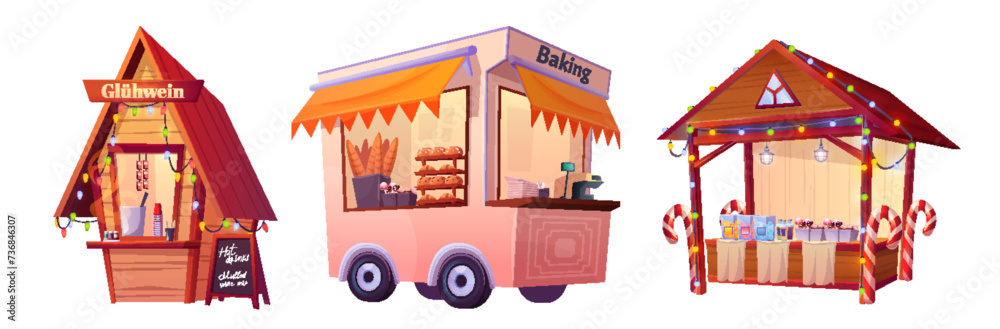 Christmas market food stalls set isolated on white background. Vector ...