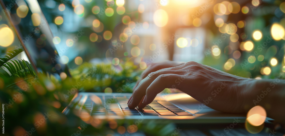 Hand, laptop and typing for sustainability, eco friendly mockup for ...