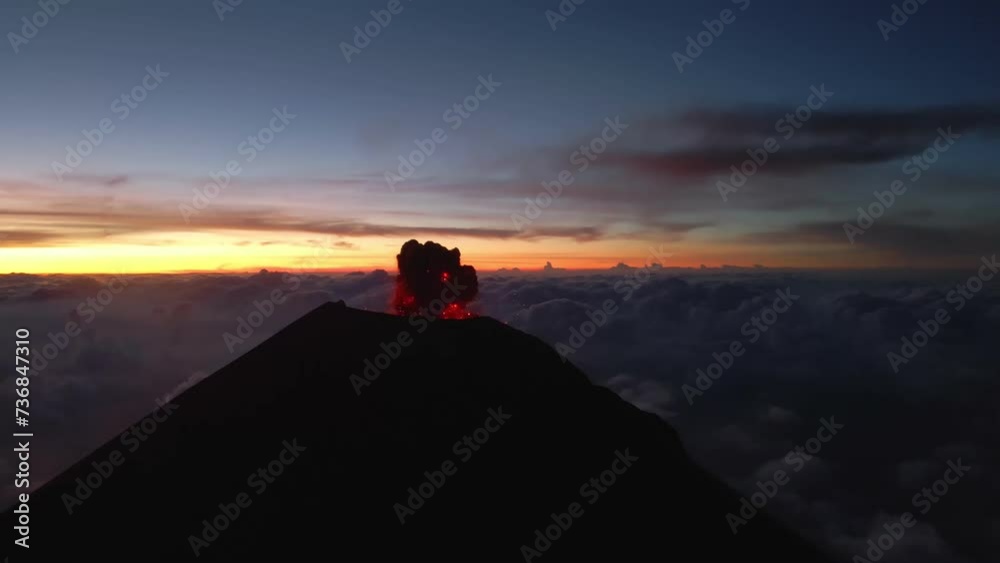 Cinematic aerial view of Fuego volcano erupting, spewing lava, ash, and ...