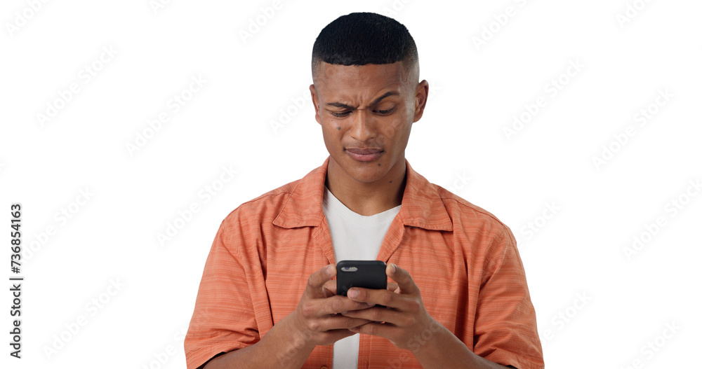 Confused, networking and man with phone, typing and communication ...