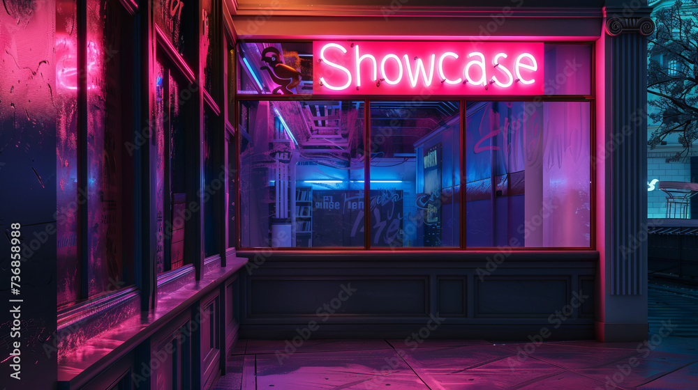 Showcase concept image with shop window display with sign with written ...
