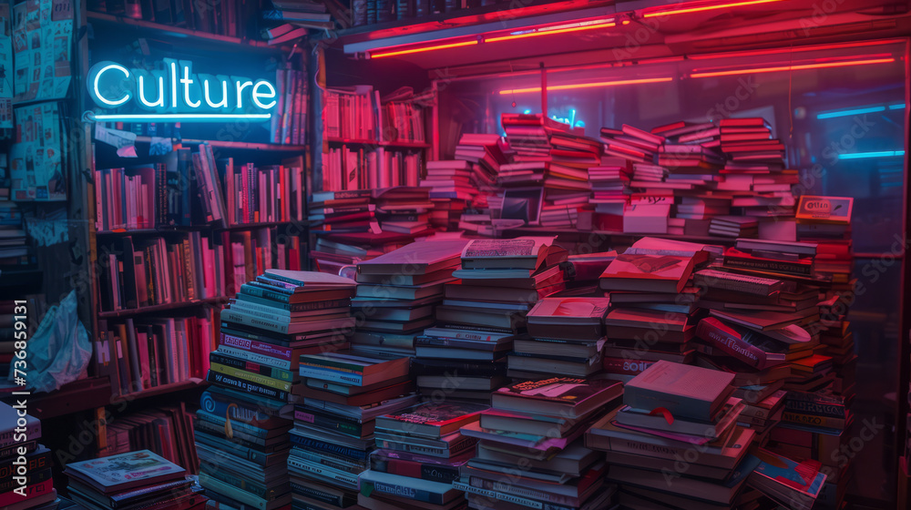 Culture concept image with stack of books in a bookshop or a library ...