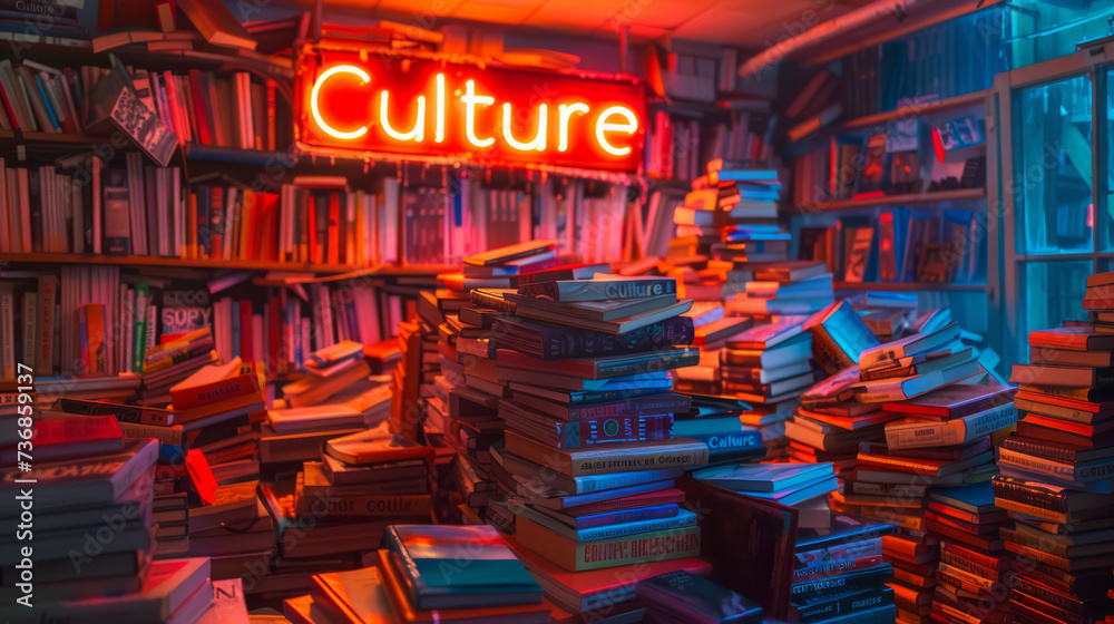 Culture concept image with stack of books in a bookshop or a library ...