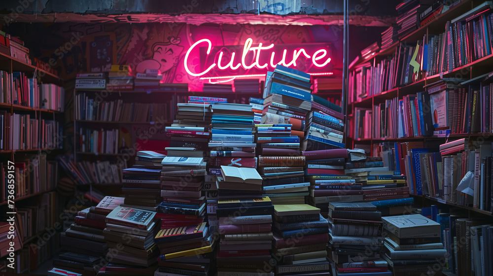 Culture concept image with stack of books in a bookshop or a library ...