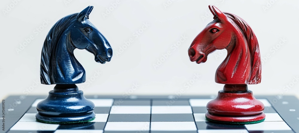 Red and blue knight chess on chessboard. Symbolizes the presidential ...
