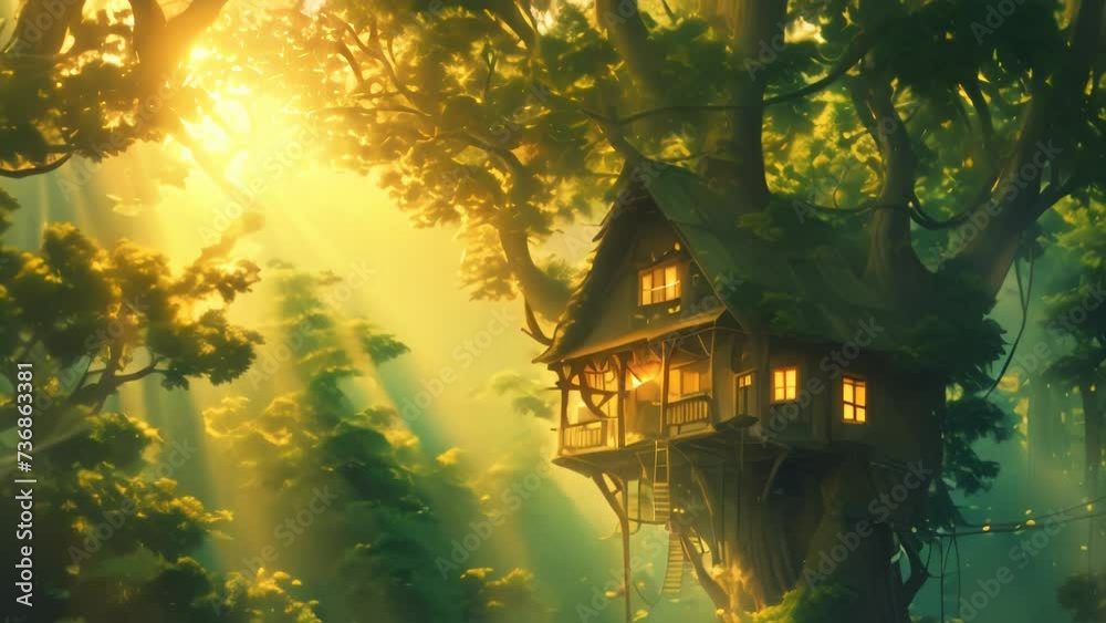 Tree House Forest Gold Rays from Sunanime background. cartoon and anime ...