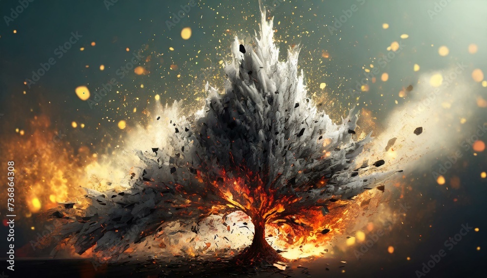 explosion on fire, Christian cross and ash as symbol of religion ...