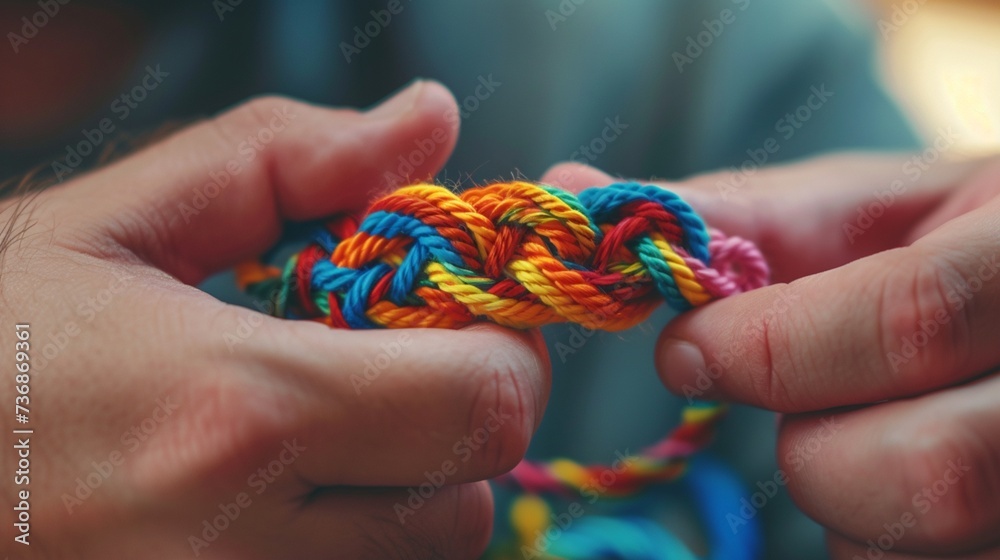 Friendship bracelet braiding Capture the intricate knotting process of ...