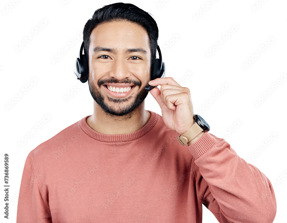 Man, portrait and call center, headphones with mic for communication ...
