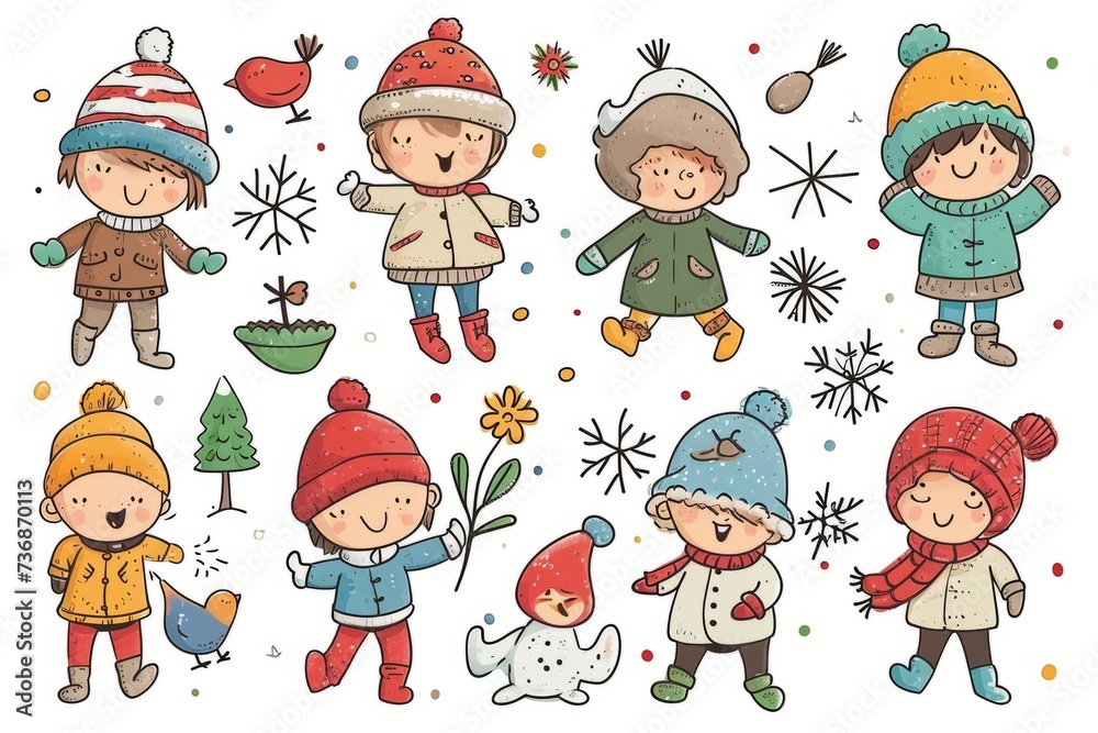 Cartoon cute doodles of characters experiencing the changing seasons ...