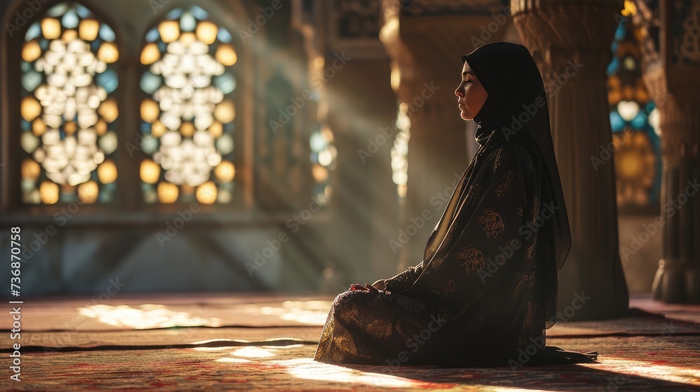 Young muslim woman prayer hijab pray to God on blur mosque background ...