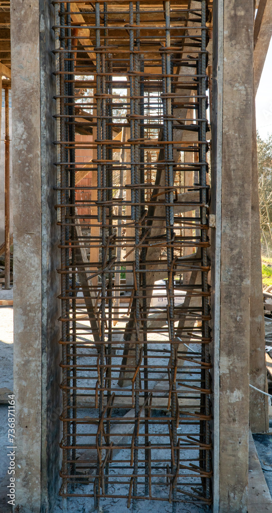 Reinforcement rebar steel rods of a column ready for concrete pouring ...