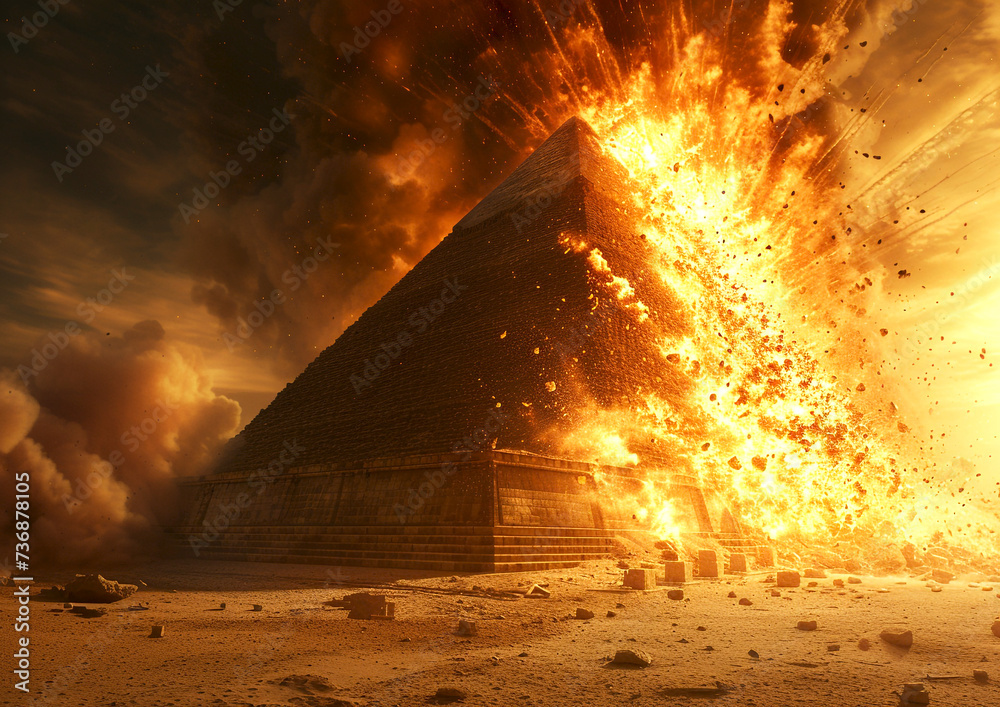 Erupting Pyramid Explosion, A dramatic scene capturing an explosion at ...