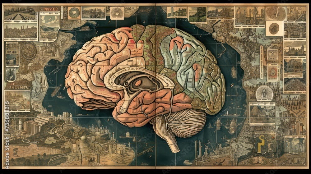 vintage map brain Stock Illustration | Adobe Stock