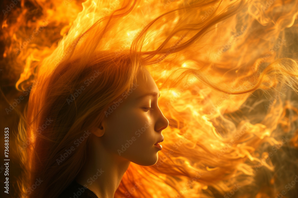A girl with flames in her hair, featuring hyper-realistic atmospheres ...