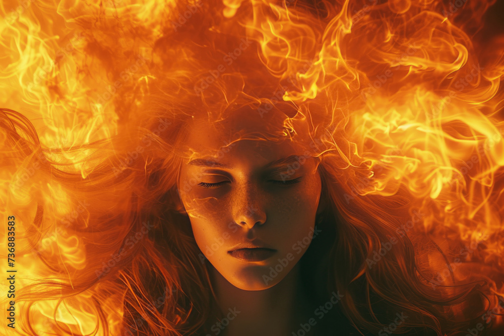 A girl with flames in her hair, featuring hyper-realistic atmospheres ...