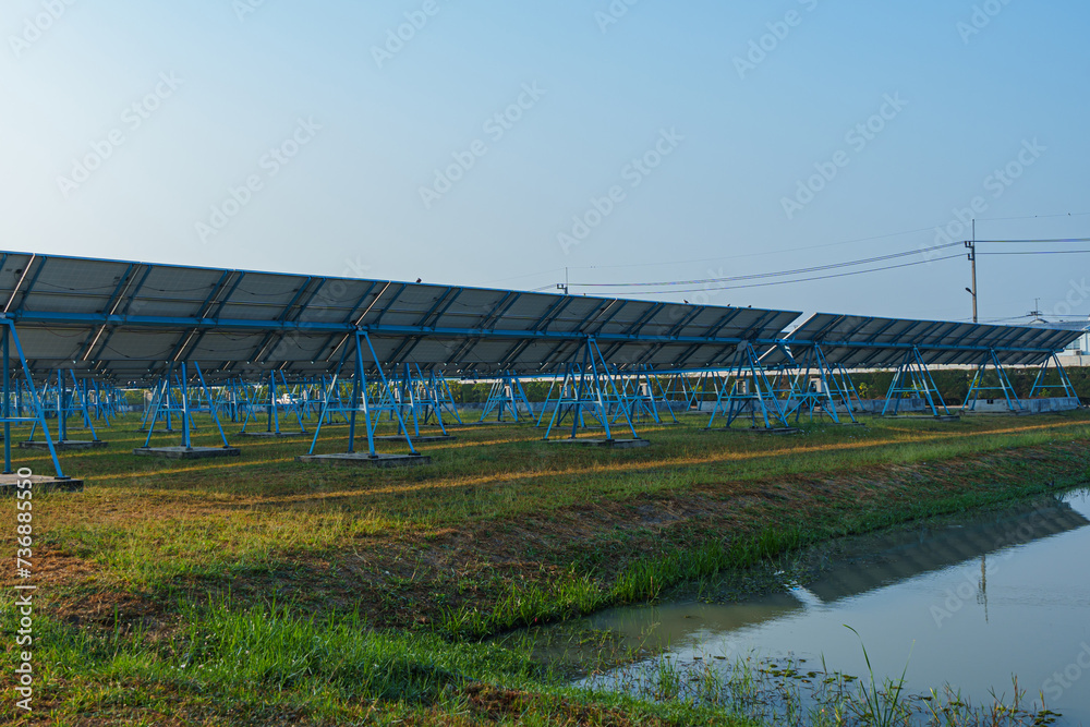 blue solar panel, Photovoltaic rows array of ground mount system ...