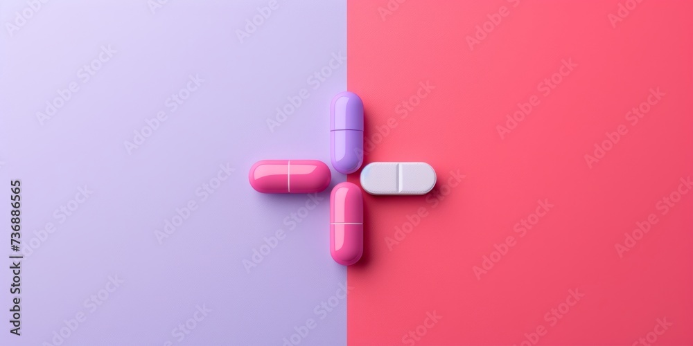 Pharmaceutical medicines and a medical cross tablet in purple on a ...