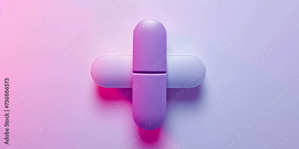 Pharmaceutical medicines and a medical cross tablet in purple on a ...