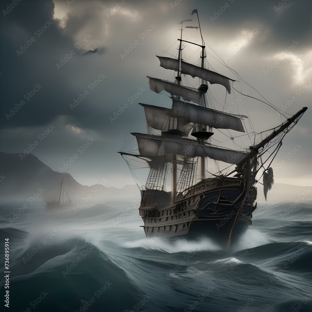 Haunted pirate ship, Ghostly pirate ship sailing through stormy seas ...