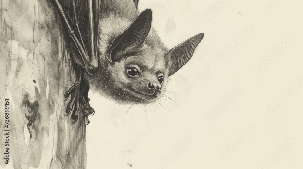 a drawing of a bat hanging from the side of a wall with it's head ...