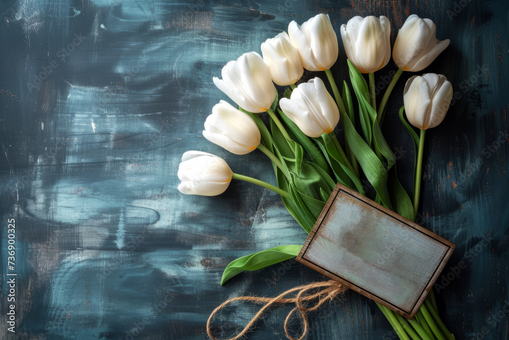White Tulips with Vintage Frame on Blue Background. A fresh bunch of ...