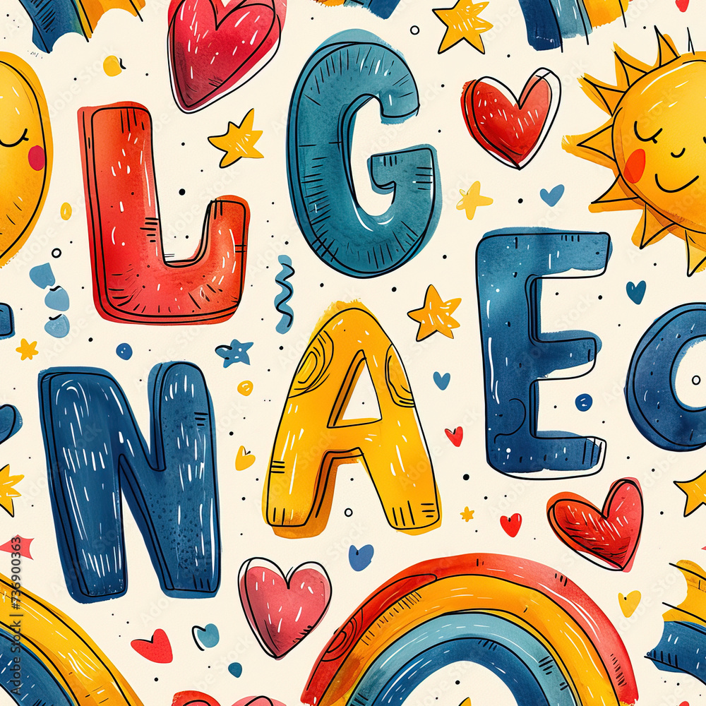 ABC Alphabet letters cartoon doodles childish cute repeat pattern Stock ...