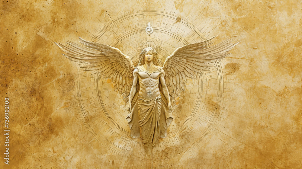 A zoomorphic angel with the body of a lion and the wings of an eagle ...