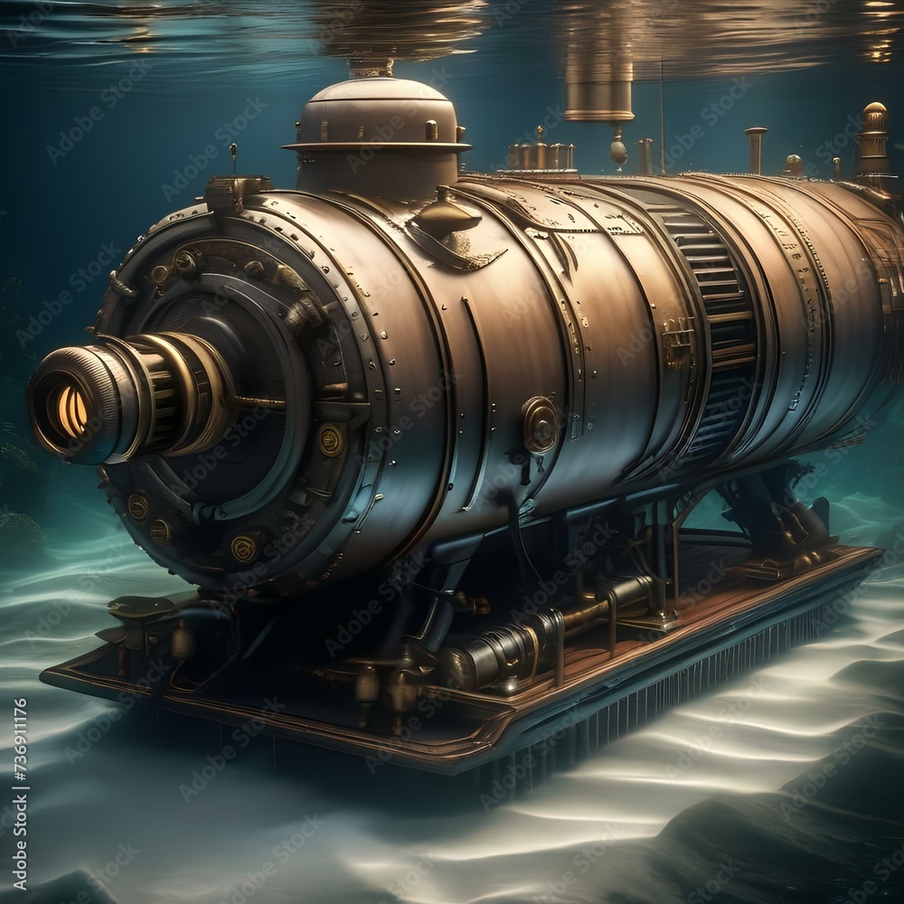 Steampunk submarine, Submersible vessel navigating the depths of the ...
