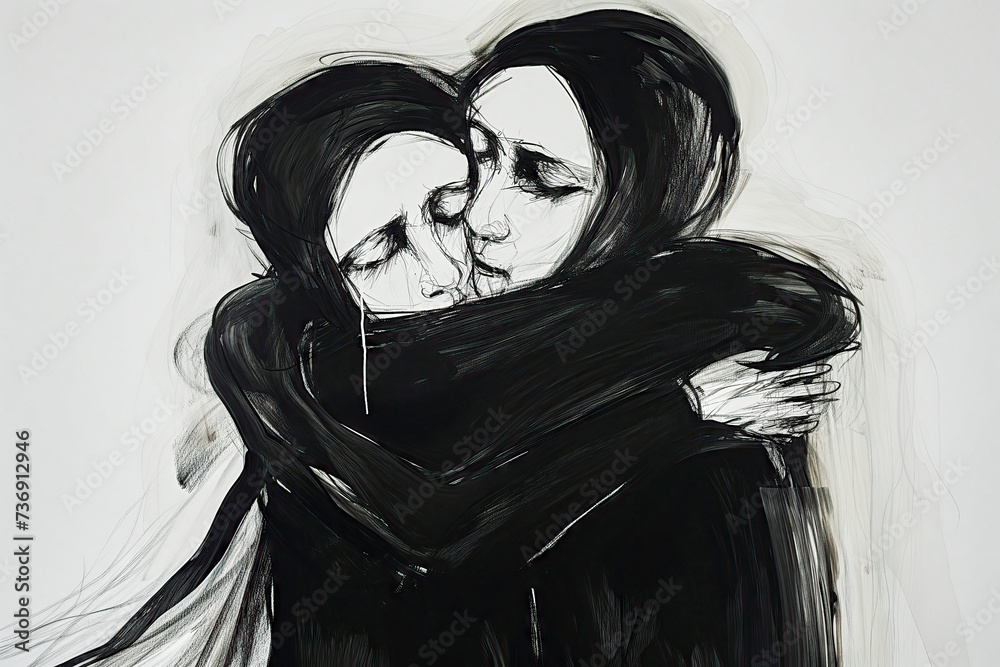 Two women in black mourning attire with veils embrace with closed eyes ...