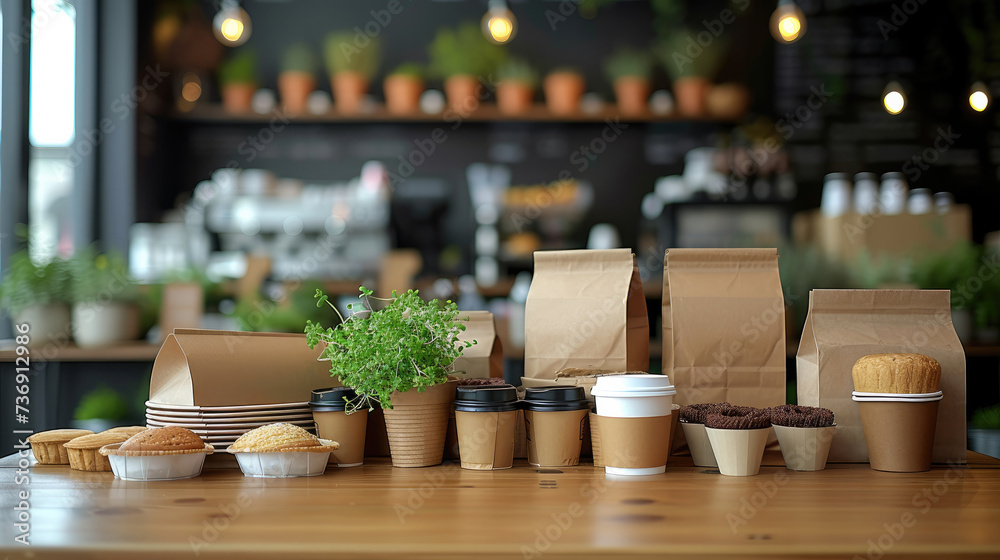 Fast food packaging set. Empty open food box, paper coffee cups, brown ...