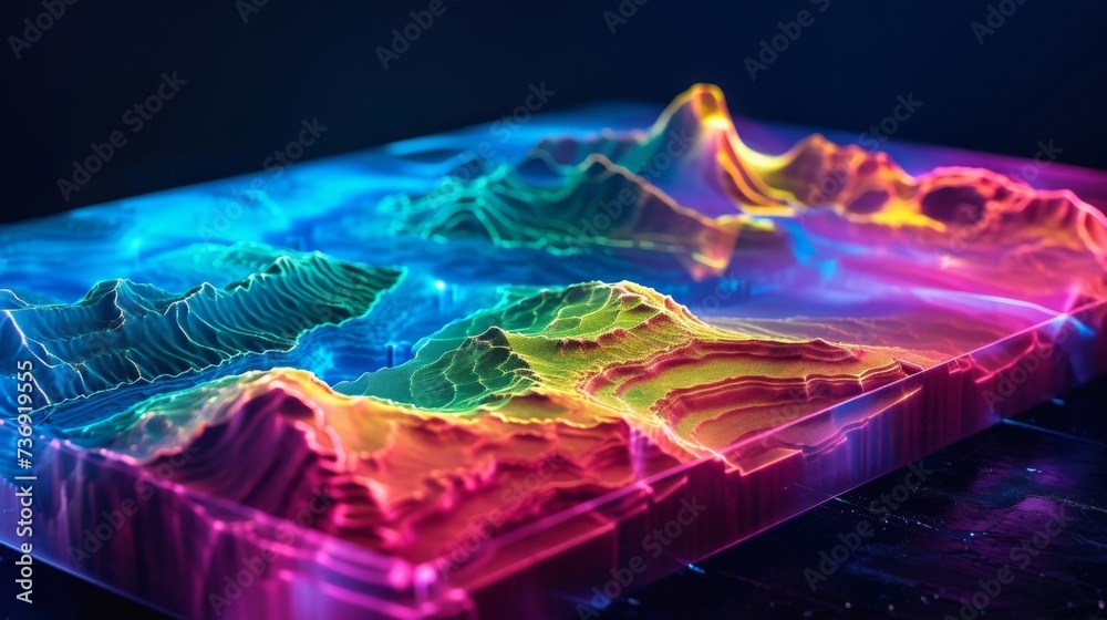 A holographic map of the ocean floor displaying various depths and ...