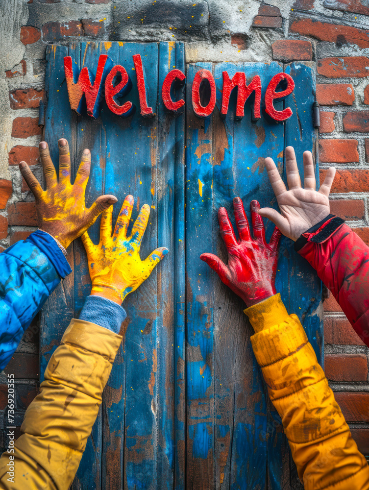 Diverse hands raised and holding colorful letters spelling Welcome ...