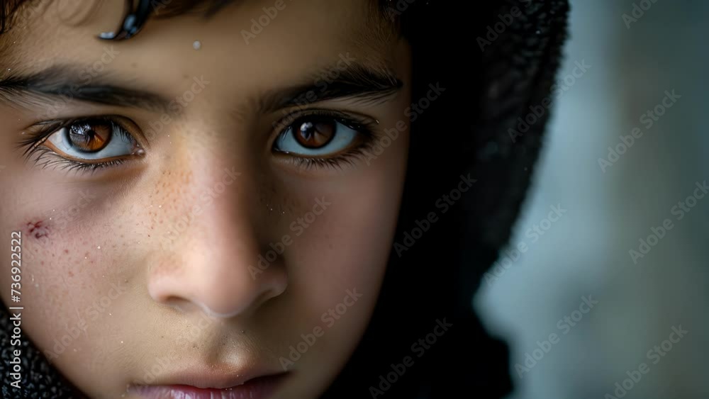 A teenage boy with a scar on his cheek and a distant look in his eyes ...