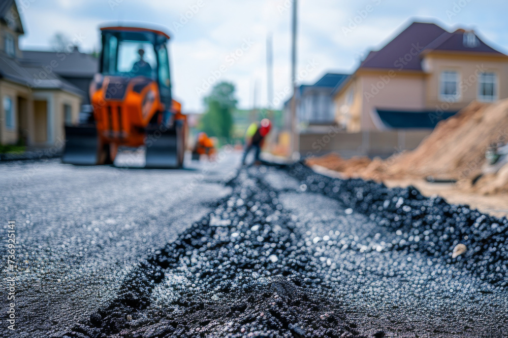 Worker are laying new asphalt road pavement in residential area. New ...