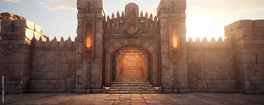 Impressive medieval fortress gate, adorned with towering walls and ...