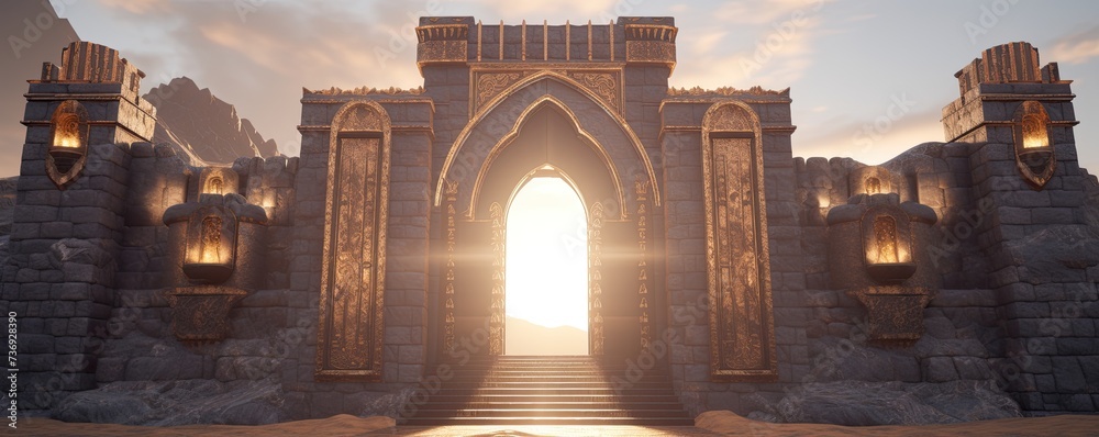 Impressive medieval fortress gate, adorned with towering walls and ...