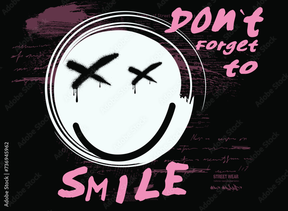 hand drawn smiley face illustration print with slogan, smiley emoji ...