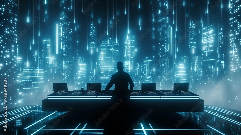 Futuristic DJ mixing electronic beats and visuals on a sleek ...
