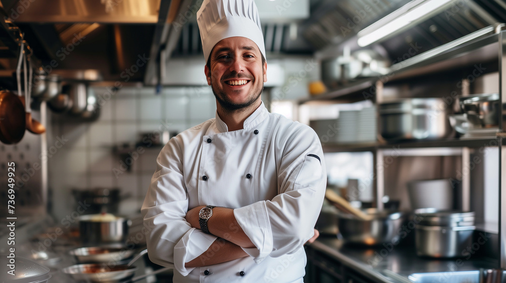Smiling Chef in Professional Kitchen with Arms Crossed Wearing White ...