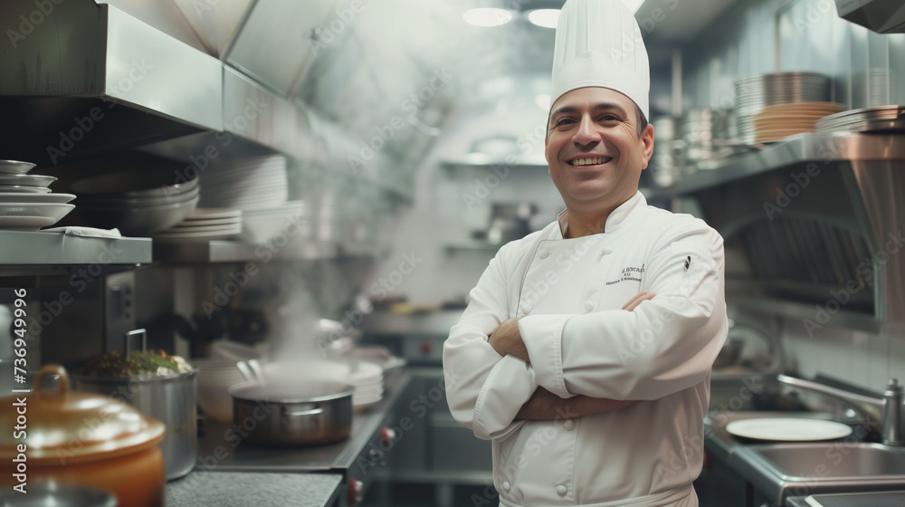 Smiling Chef in Professional Kitchen with Arms Crossed Wearing White ...