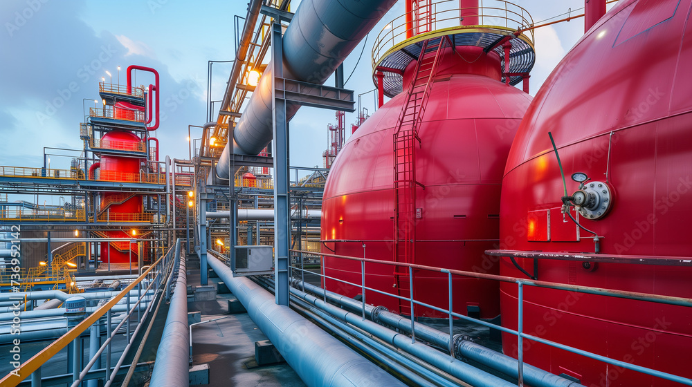 Industrial Facility Highlighting Large Red Storage Tanks, Piping ...