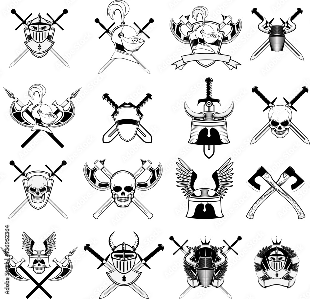 knight logo set. Skull in horned helmet, crossed axes, crossed swords ...