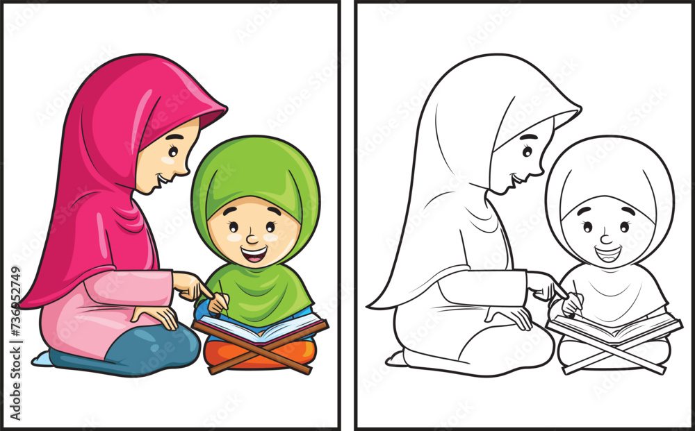 Coloring book cute girl learning to recite the Quran with her mother ...