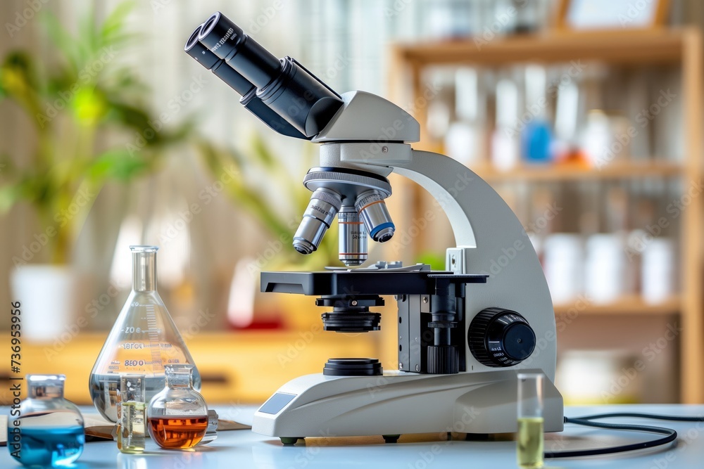 Professional Microscope and Laboratory Flasks on a Scientist's ...