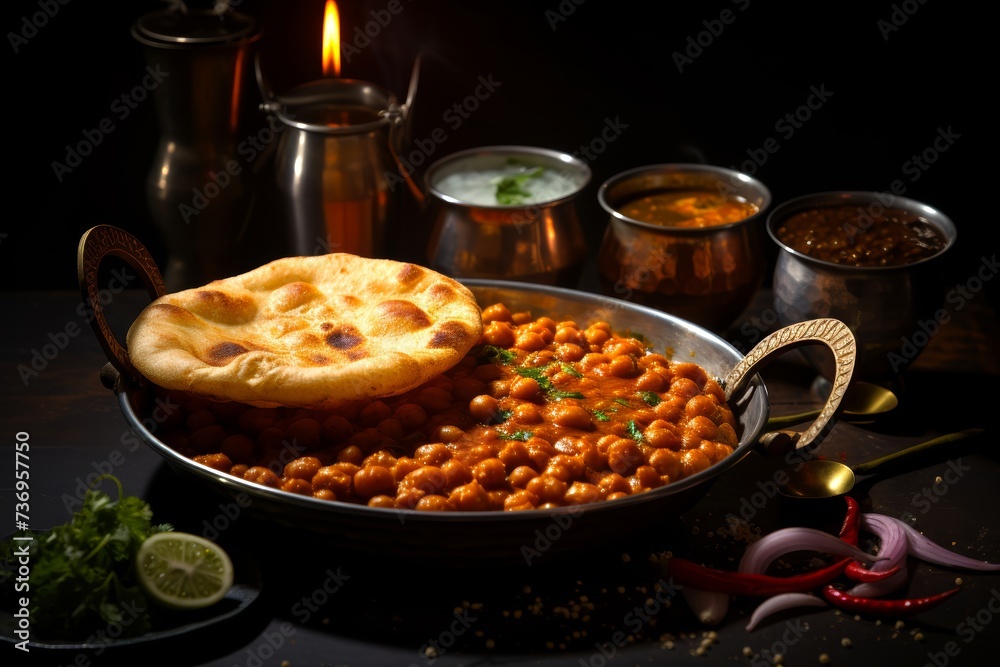 A platter of spicy yummy Punjabi chole bhature, served on a gleaming ...