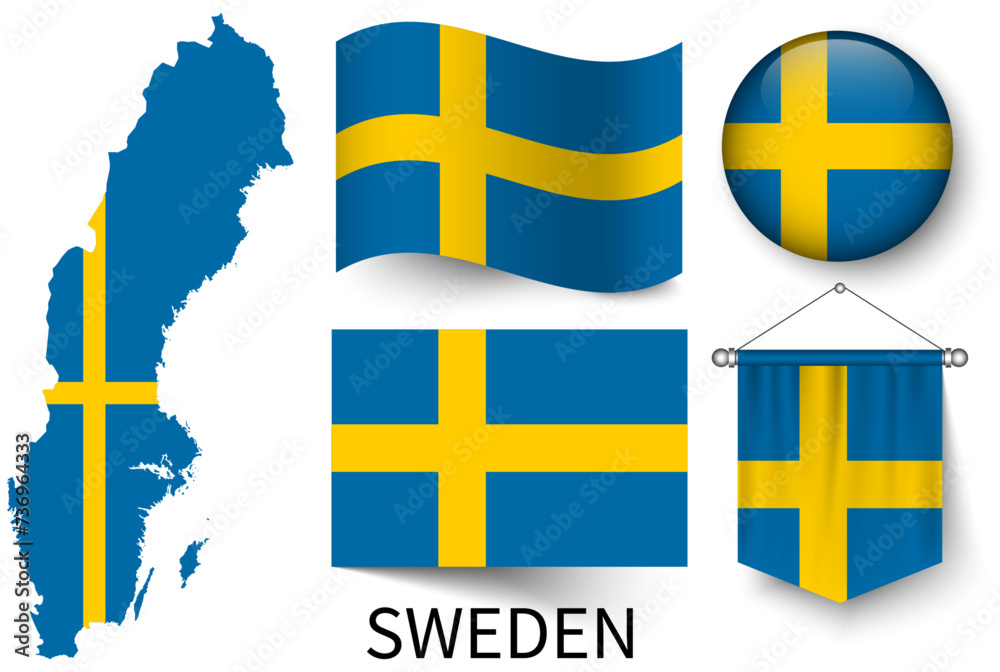 The various patterns of the Sweden national flags and the map of Sweden ...