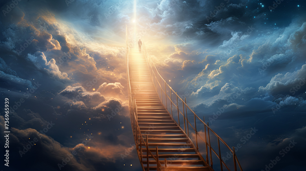 The road to heaven. A ladder that leads to heavenly light. Man steps ...