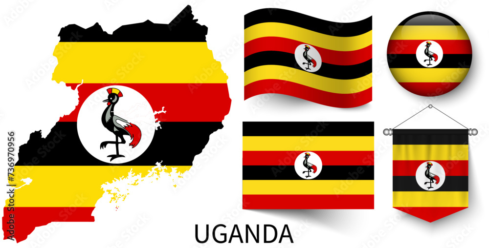 The various patterns of the Uganda national flags and the map of Uganda ...