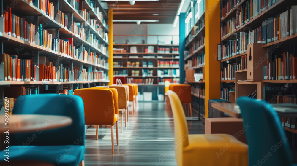 The quiet aisles of a library with rows of books and colorful chairs ...
